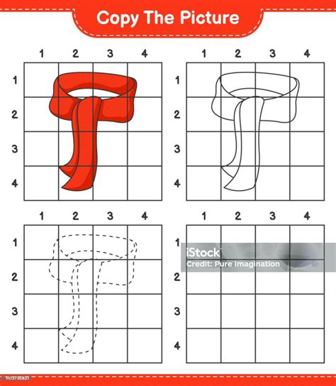그림을 복사하고 격자선을 사용하여 스카프 사진을 복사하십시오 교육 어린이 게임 인쇄 가능한 워크 시트 벡터 일러스트 레이 션 0