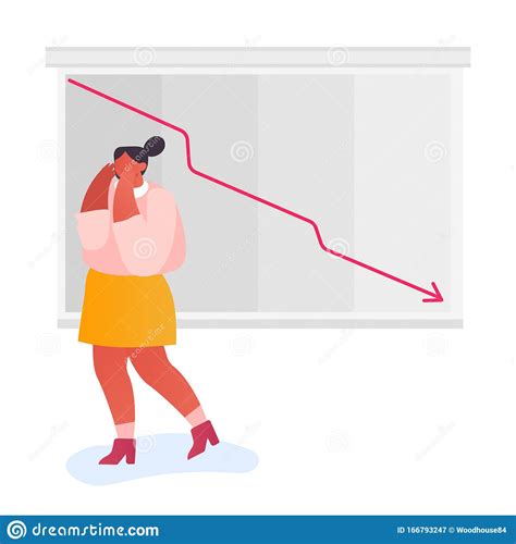 Business Finance Crisis Concept Stressed Businesswoman Looking At Arrow Diagram Fall Down Stock