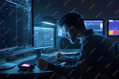 Premium Ai Image Nighttime Coder Immersed In Code Epitomizing