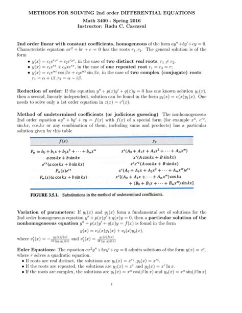 Methods For Solving 2nd Order Differential Equations Instructor Radu C Cascaval