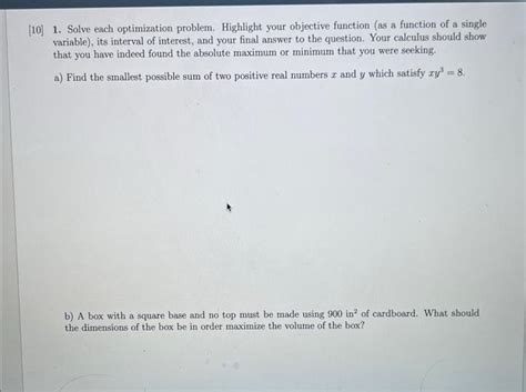 solved 10] 1 solve each optimization problem highlight