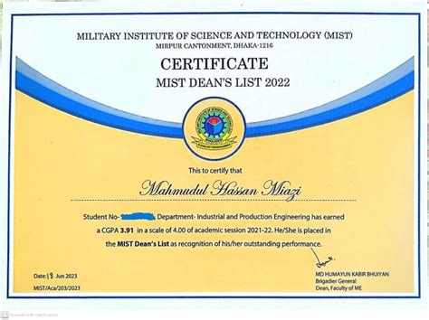 Mahmudul Hassan Miazi On Linkedin Received My Mist Deans List Of Honour Certificate For