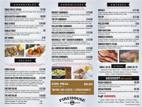 Menu At Firehouse Que Brew Pub Bar Fallbrook