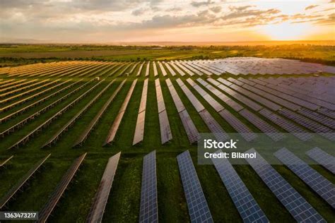 일몰 시 청정 전기 에너지를 생산하기 위한 많은 태양광 전지 패널이 있는 대규모 지속 가능한 발전소의 공중 보기 제로 배출 개념재생 전기 들에 대한 스톡 사진 및 기타