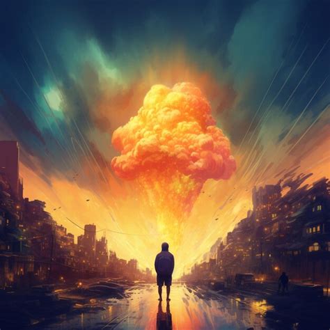Premium Ai Image A Man Stands In The Middle Of A Road With A Huge Explosion In The Background