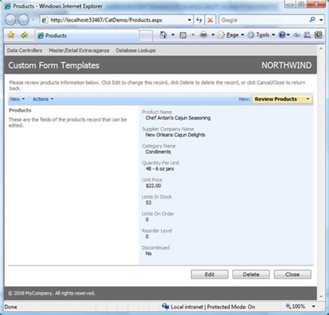 Code On Time Custom Templates For Ajax Forms In Data Aquarium Framework Application