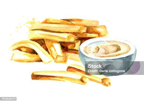 프렌치 프라이 감자 소스 수채화 손으로 그린 그림 흰색 배경에 고립 수채화에 대한 스톡 벡터 아트 및 기타 이미지 수채화 컷아웃 프렌치 프라이 Istock