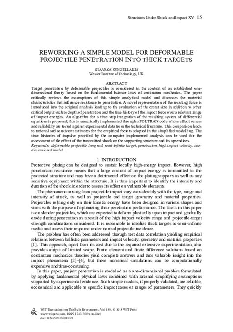 Pdf Reworking A Simple Model For Deformable Projectile Penetration Into Thick Targets