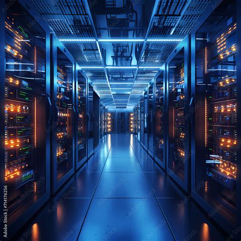 High Tech Server Room With Blinking Lights And Cables Stock Illustration Adobe Stock