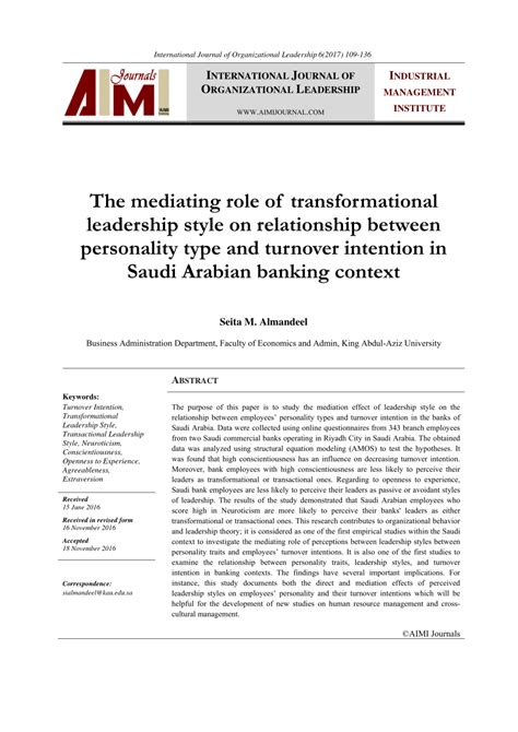 Pdf The Mediating Role Of Transformational Leadership Style On Relationship Between
