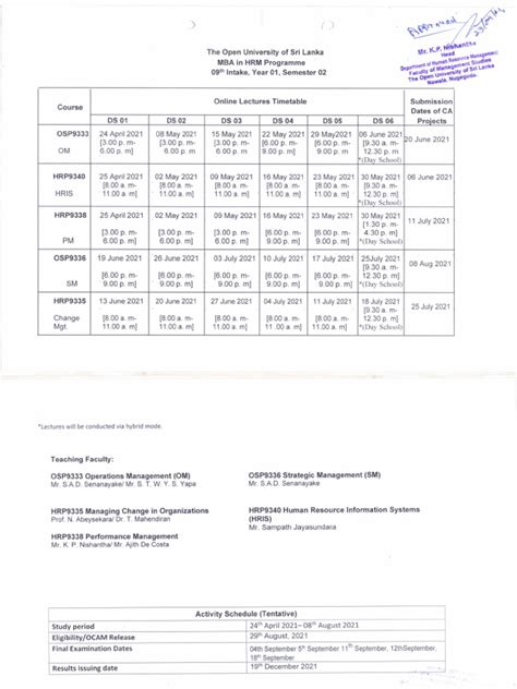 online lectures time table revised new pdf