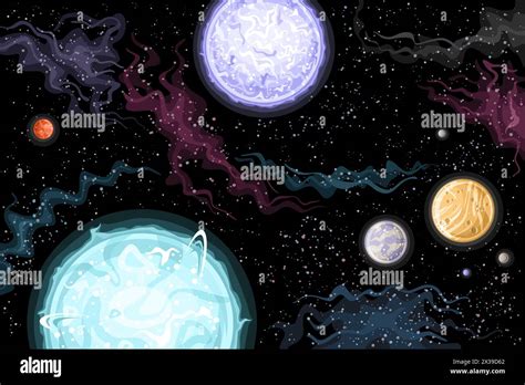 Vector Fantasy Space Horizontal Astronomical Poster With Cartoon
