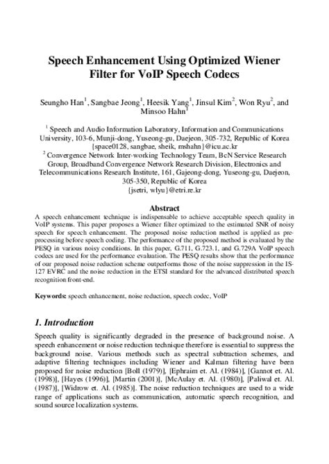 Pdf Speech Enhancement Using Optimized Wiener Filter For Voip Speech