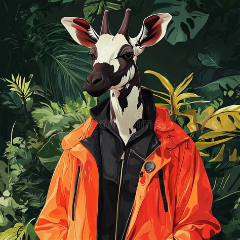 Okapi With Human Like Features Wearing An Orange Jacket Stands Amidst Lush Tropical Foliage