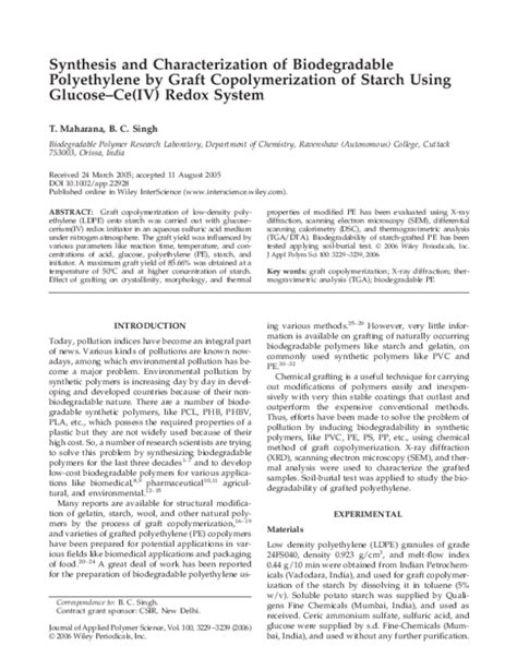 Pdf Synthesis And Characterization Of Biodegradable Polyethylene By Graft Copolymerization Of