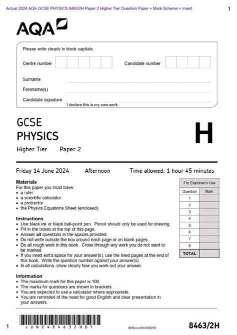Actual 2024 Aqa Gcse Physics 8463 2h Paper 2 Higher Tier Question Paper Mark Scheme Insert