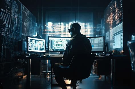 Premium Ai Image A Professional Hacker In A Hood Is Working On