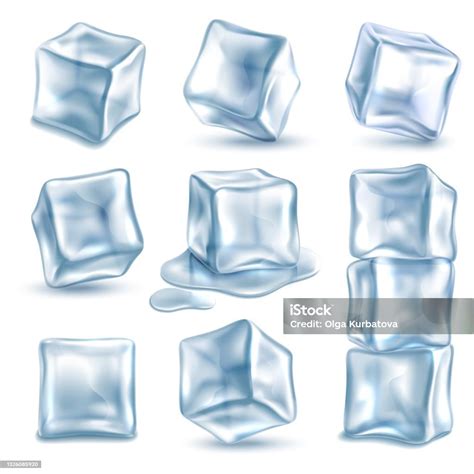 얼음을 큐브 차가운 음료 투명 냉동 및 녹은 맑은 물 블록 음료 냉각을위한 3d 얼음 조각 다른 각도 빙하 아쿠아 오브젝트 피라미드 흰색 세트에 격리된 벡터 3차원 형태에