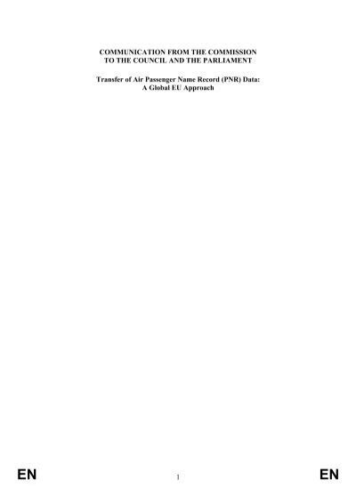 Transfer Of Air Passenger Name Record Pnr Data Statewatch