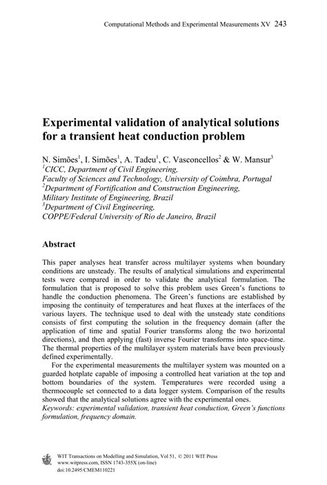 Pdf Experimental Validation Of Analytical Solutions For A Transient Heat Conduction Problem