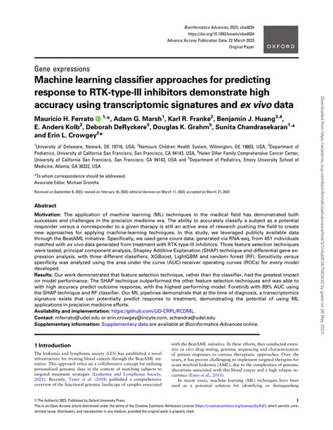 pdf machine learning classifier approaches for predicting response to