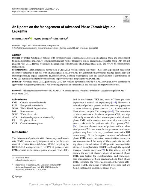 An Update On The Management Of Advanced Phase Chronic Myeloid Leukemia