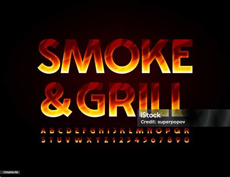 벡터 불타는 기호 연기와 그릴 불타는 알파벳 문자 및 숫자 세트 바베큐그릴에 대한 스톡 벡터 아트 및 기타 이미지 바베큐그릴 문자 바비큐 Istock