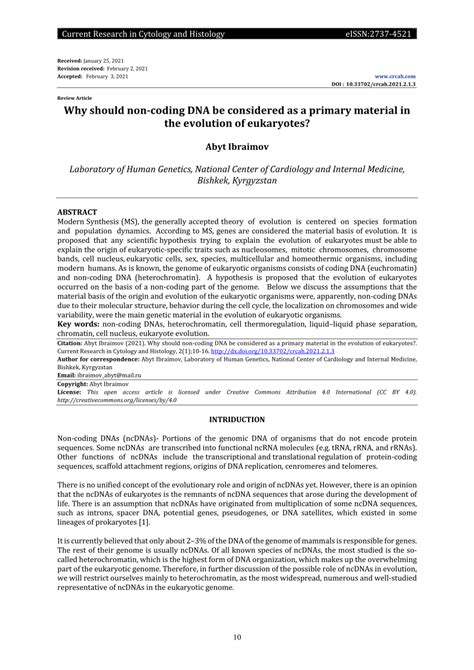 Pdf Why Should Non Coding Dna Be Considered As A Primary Material In The Evolution Of Eukaryotes