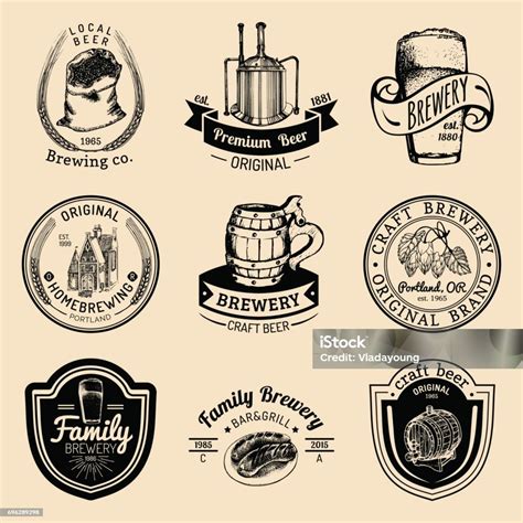 오래 된 양조장 배지 설정합니다 크 래 프 트 맥주 복고풍 표지판 손 스케치 유리 배럴 등 벡터 함께 레이블입니다 0명에 대한 스톡 벡터 아트 및 기타 이미지 Istock