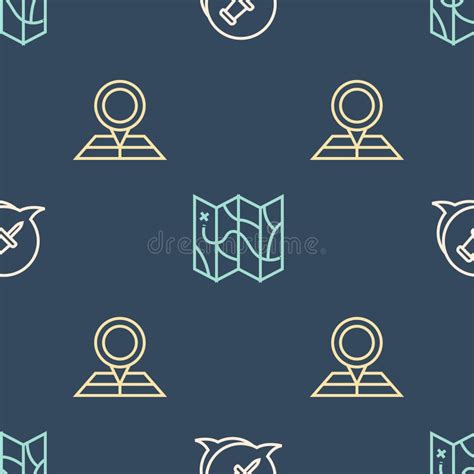 Set Line Push Pin Folded Map With Location Marker And On Seamless Pattern Vector Stock Vector
