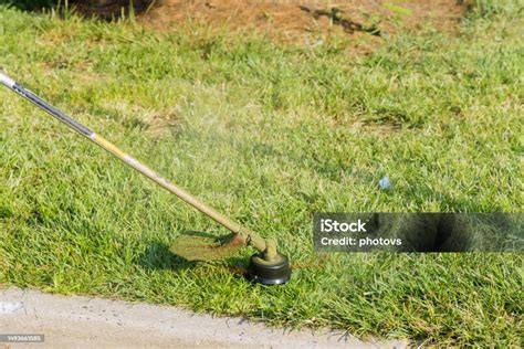 손 잔디 깎는 기계는 도로 근처에 잔디 깎는 기계를 가진 도시 노동자에게 신선하고 푸른 잔디를 깎습니다 0명에 대한 스톡 사진