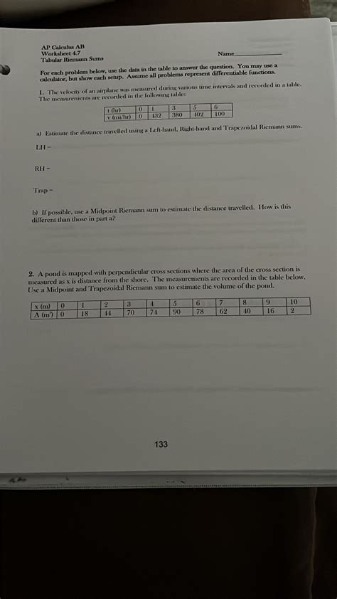 AP Calculus AB Worksheet Tabular Riemann StudyX