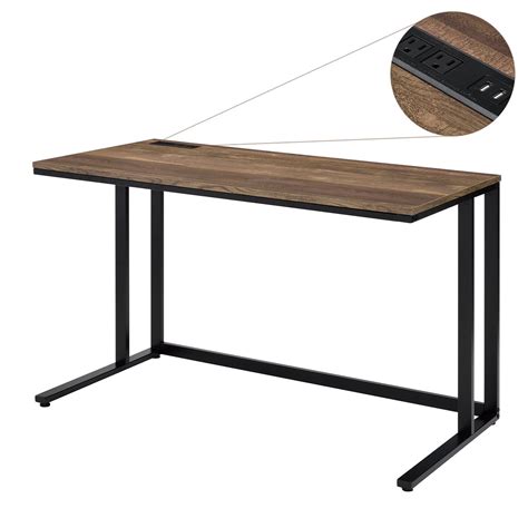 Gzxs Rustic Industrial Rectangular Writing Desk With Built In Usb Ports