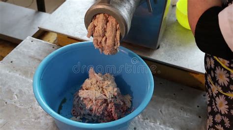 Production Of Minced Meat From Pieces Of Beef Meat At The Food
