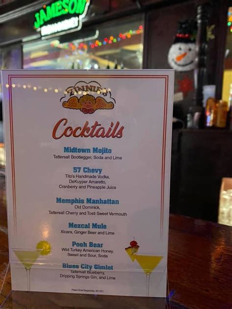 Menu At Zinnies Pub And Bar Memphis Madison Ave