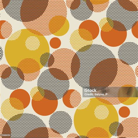 레트로 60에 기하학적 원형 원활한 패턴 벡터 일러스트 레이 션 스타일 빈티지 1970 년대 공 기하학 모양 카펫 종이 직물 배경 포장에 대 한 반복 모티프를 추상화 합니다