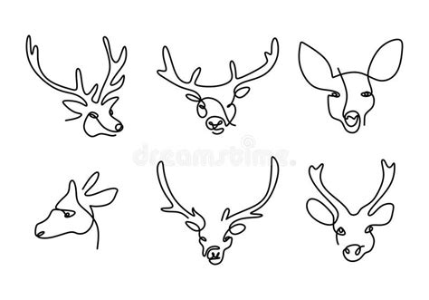 Hand Drawing One Single Continuous Line Of Six Deer Head Isolated On White Background Stock