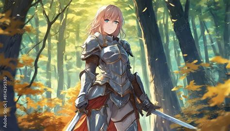 Medieval Elegant Anime Female Knight With Armor Shield And Sword In