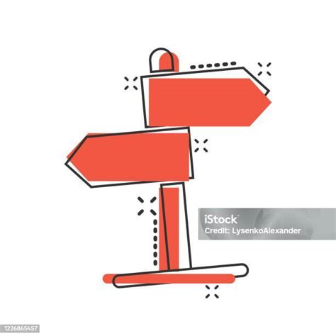 만화 스타일의 교차로 표지판 아이콘입니다 흰색 고립 된 배경에 도로 방향 만화 벡터 그림입니다 로드 사인 스플래시 효과 비즈니스