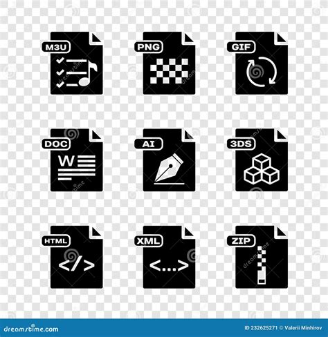 Set M3u File Document Png  Html Xml Zip Doc And Ai Icon Vector Stock Vector