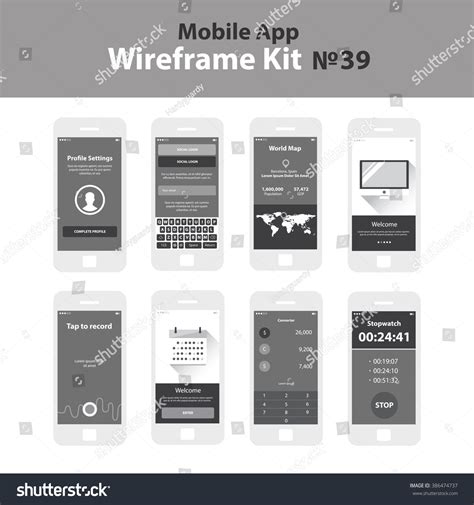Mobile Wireframe App Ui Kit 39 Stock Vector Royalty Free 386474737 Shutterstock