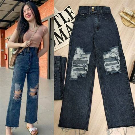 On The Way กางเกงยีนส์ทรงขากระบอกวินเทจแต่งขาดขายดีฝากร้านด้วยจ้า N Irinshop Thaipick