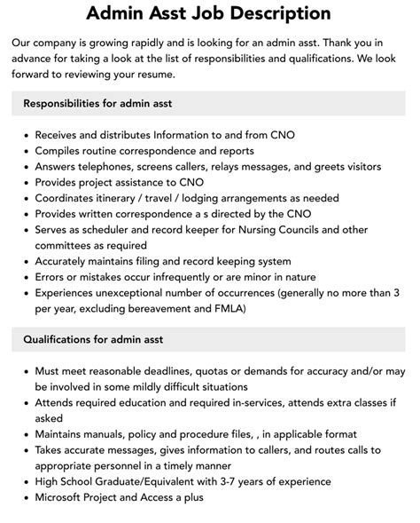 Admin Asst Job Description Velvet Jobs