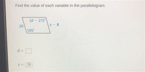 Solved Find The Value Of Each Variable In The Parallelogram D 21