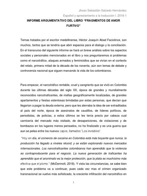 Informe Argumentativo Del Libro Fragmento De Amor Furtivo Pdf