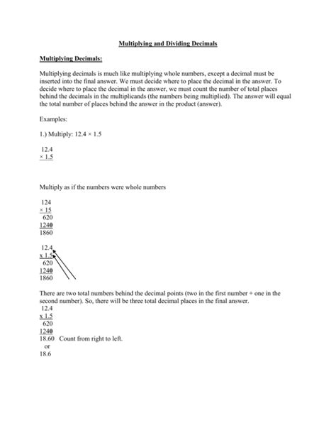 Multiplying And Dividing Decimals Worksheet
