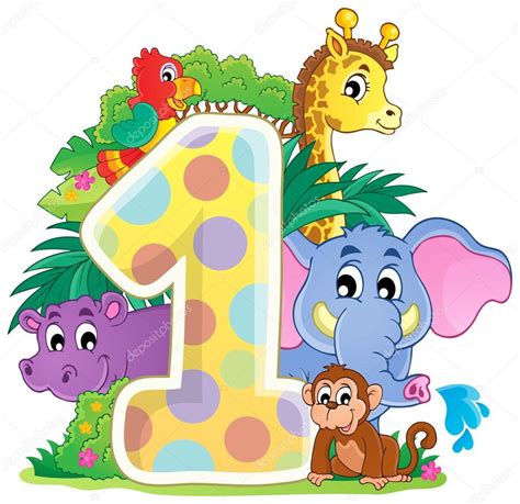 Animales Felices Alrededor Del Número Uno Vector De Stock 62607591 De