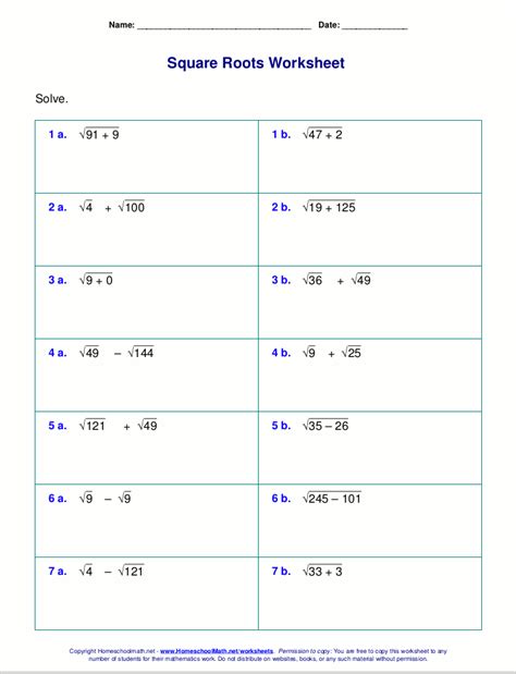 square root method worksheets