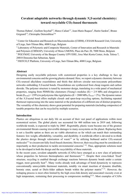 Pdf Covalent Adaptable Networks Through Dynamic Ns Acetal Chemistry Toward Recyclable Co2