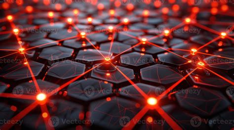 Abstract Representation Of A Network With Glowing Red Lines On A Dark Hexagonal Surface 55371429